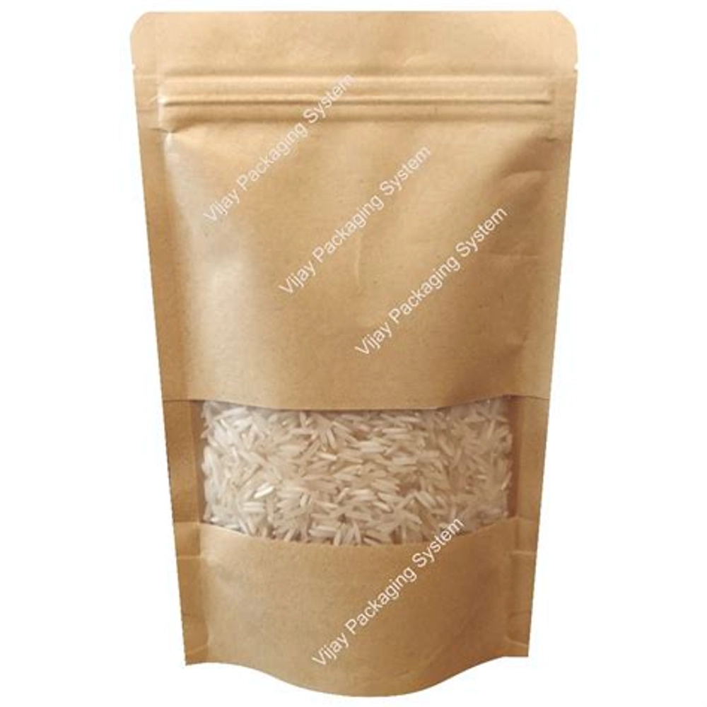 Rectangle Window Brown Kraft Paper Zipper Stand Up Pouches Pack Of 100